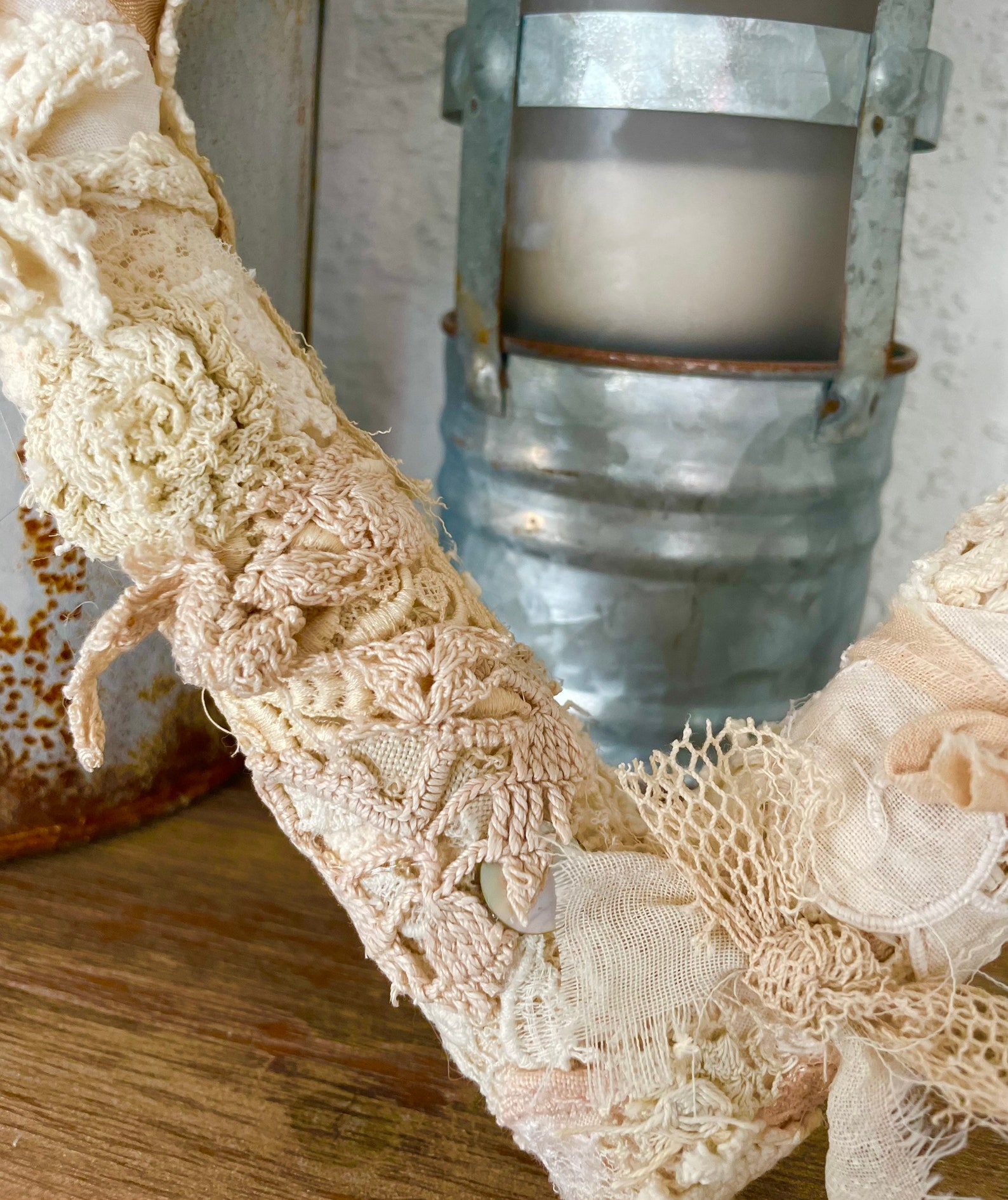 Very PRETTY Little HEART Wreath Tattered With Creams & PINKS Vintage ...