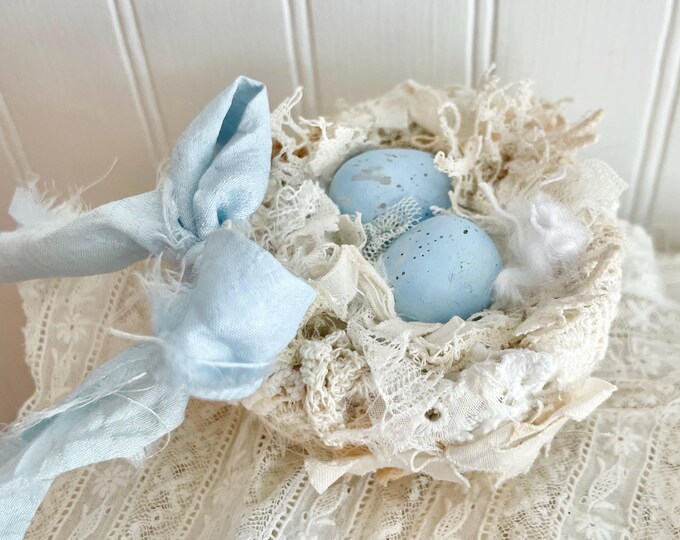 CUTE Shabby Bird NEST! Handmade W/vintage Fabrics/ Laces & Pretty Blue ...
