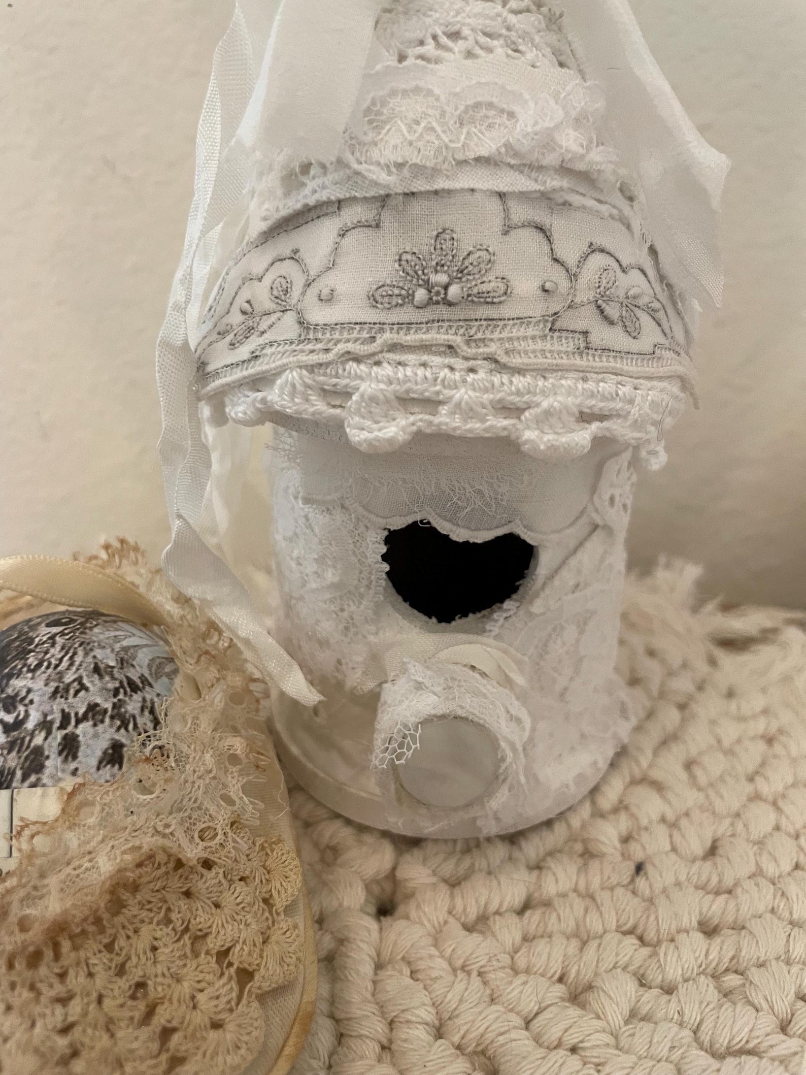 Darling Little Vintage LACE Birdhouse! Pretty Embroidered Fabric ...