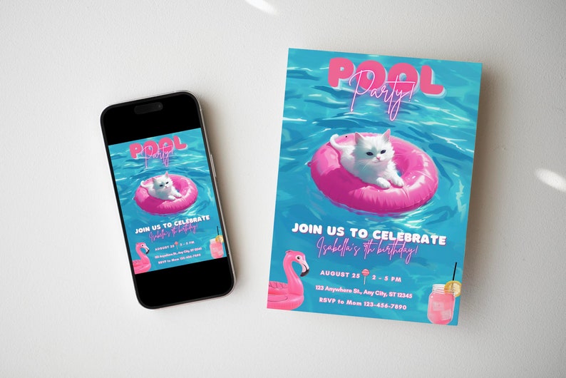 Kitty Pool Party Invitation, Tween Teen Girl Pool Birthday Invitation ...