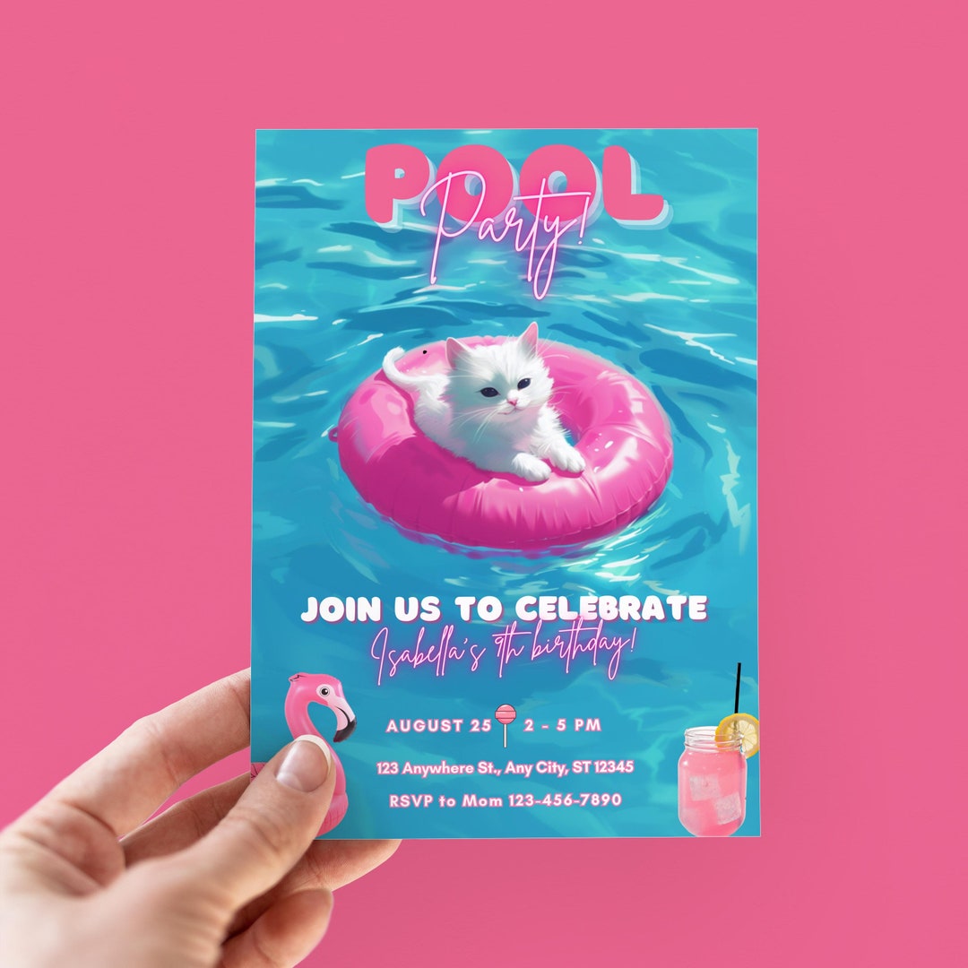 Kitty Pool Party Invitation, Tween Teen Girl Pool Birthday Invitation ...