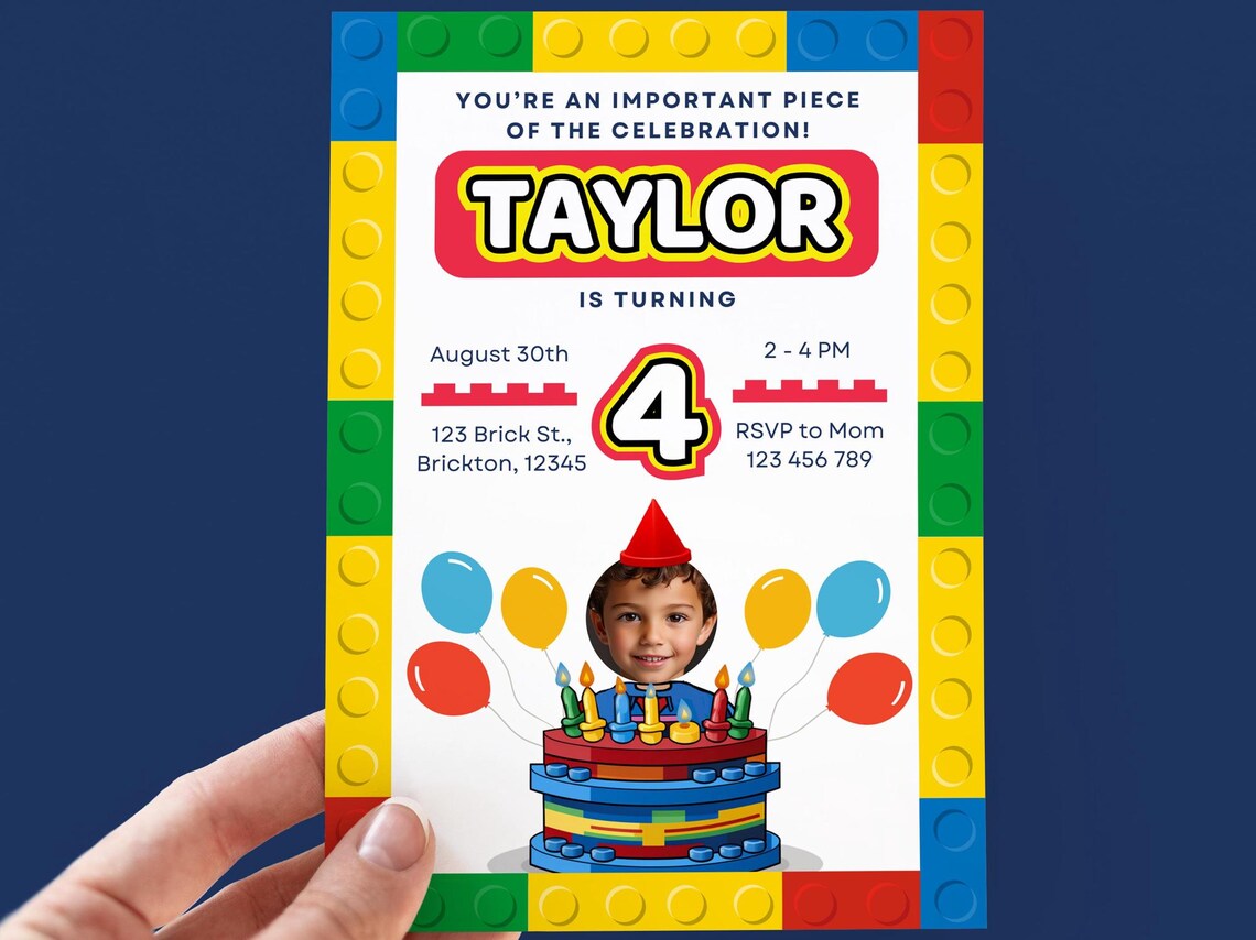 Building Blocks Birthday Photo Invitation Building Bricks Kids Birthday ...