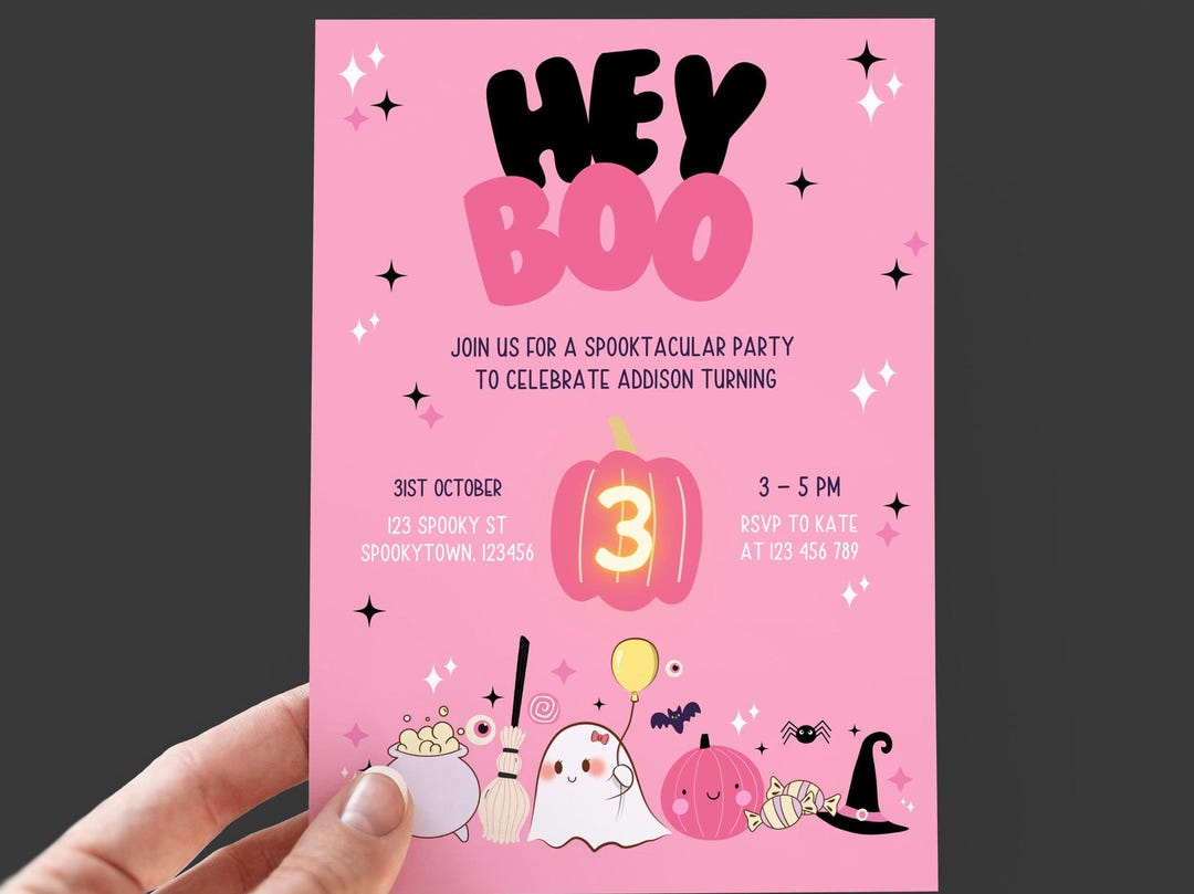 Halloween Pink Ghost Birthday Invitation Hey Boo Ghost Party ...