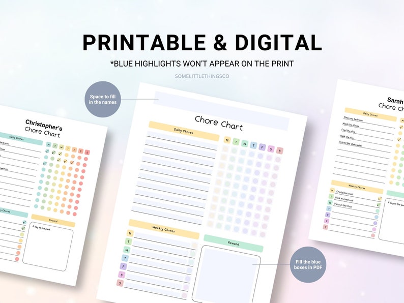 Chore Chart for Kids, Printable & Fillable PDF, Daily Weekly ...