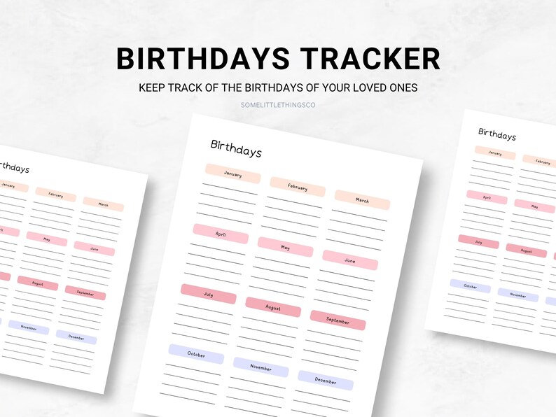 Birthday Tracker Template, Printable & Fillable PDF, Birthday Calendar ...