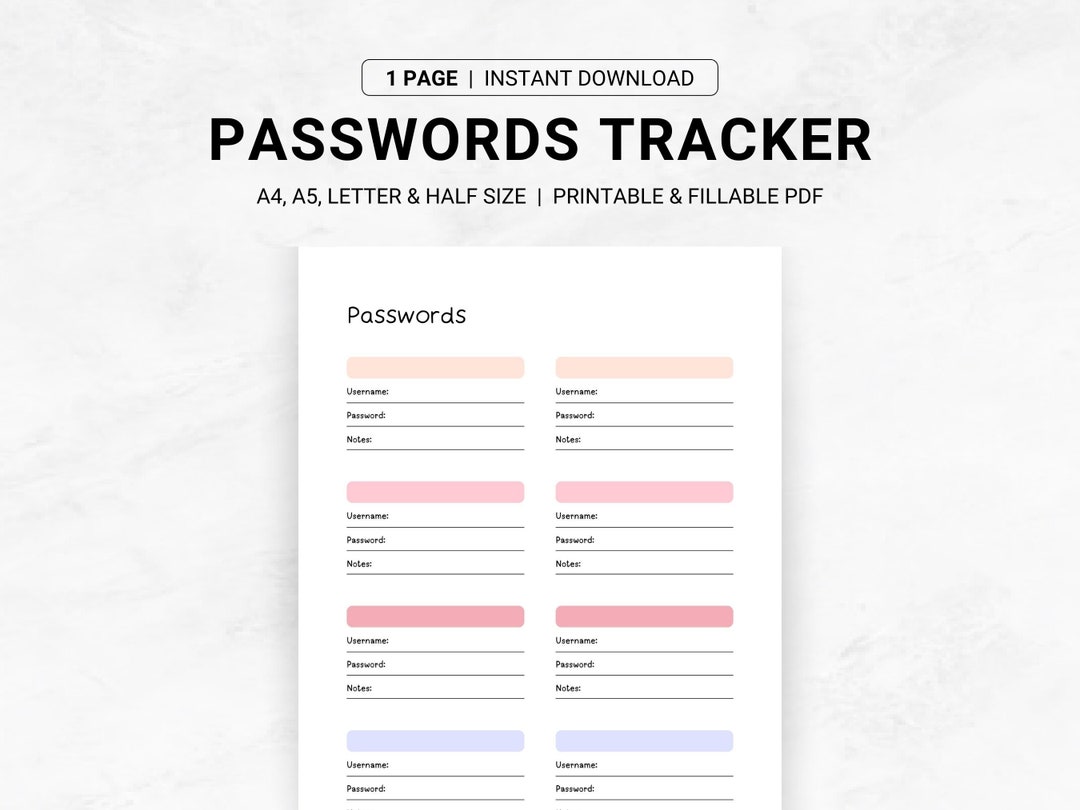 Password Tracker Printable & Fillable PDF, Password Log, Password ...