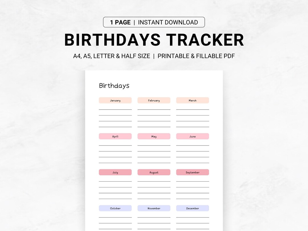 Birthday Tracker Template, Printable & Fillable PDF, Birthday Calendar ...