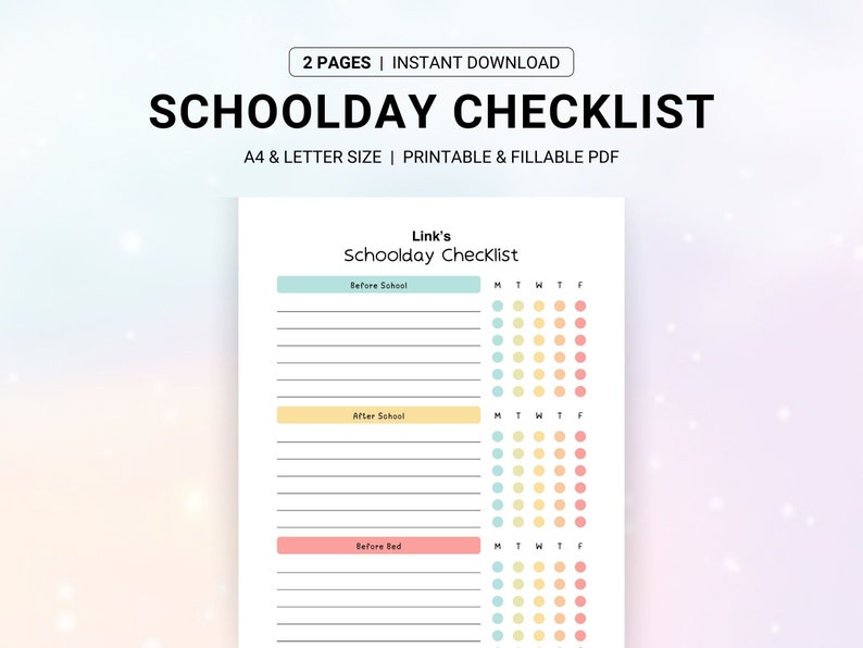 School Day Checklist for Kids, Printable & Fillable PDF, Kids Chore ...