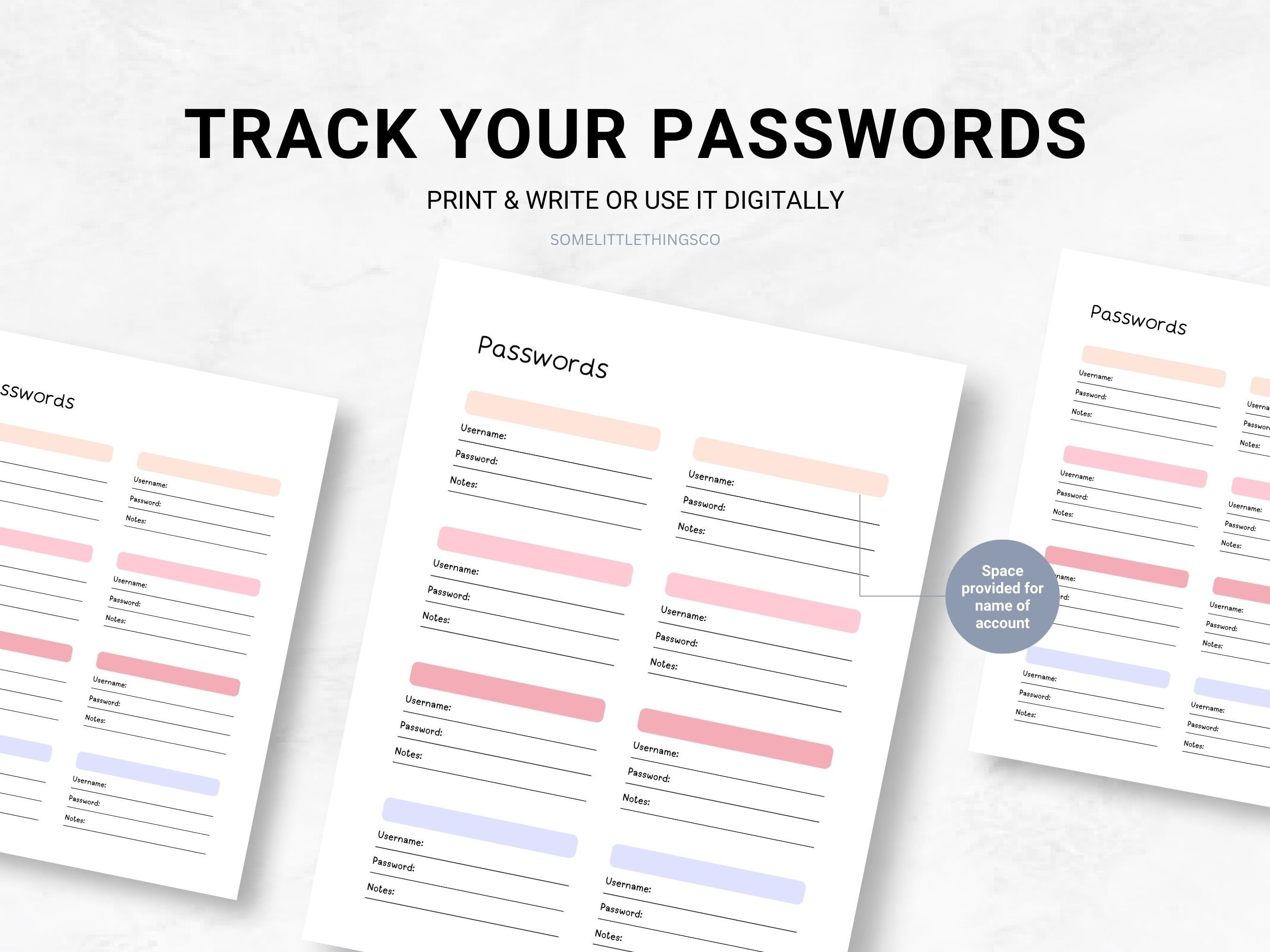 Password Tracker Printable & Fillable PDF, Password Log, Password ...