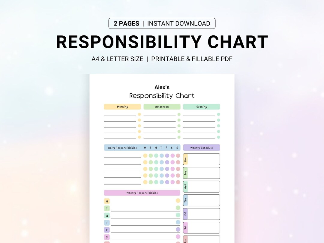 Responsibility Chore Chart for Kids, Printable & Fillable PDF, Daily ...