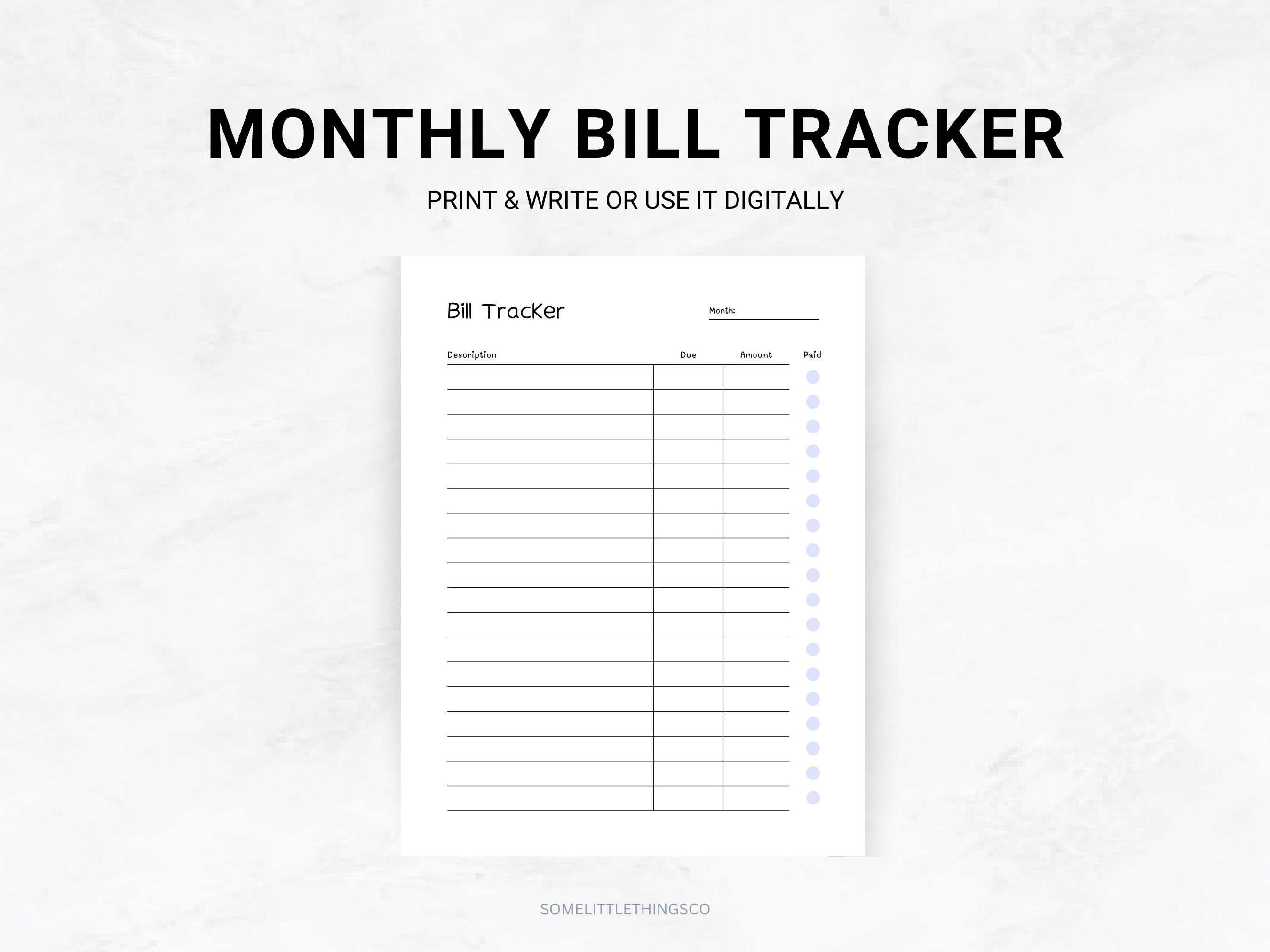 Monthly Bill Tracker Template, Printable & Fillable PDF, Bill Payment ...