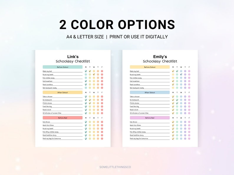 School Day Checklist for Kids, Printable & Fillable PDF, Kids Chore ...