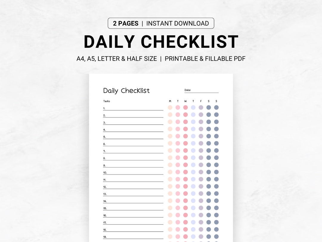Daily Checklist Printable &amp; Fillable Template, Weekly to Do List ...