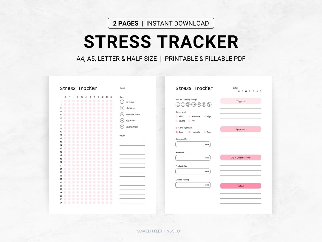 Stress Tracker Printable & Fillable PDF, Yearly Stress Log, Self Care ...