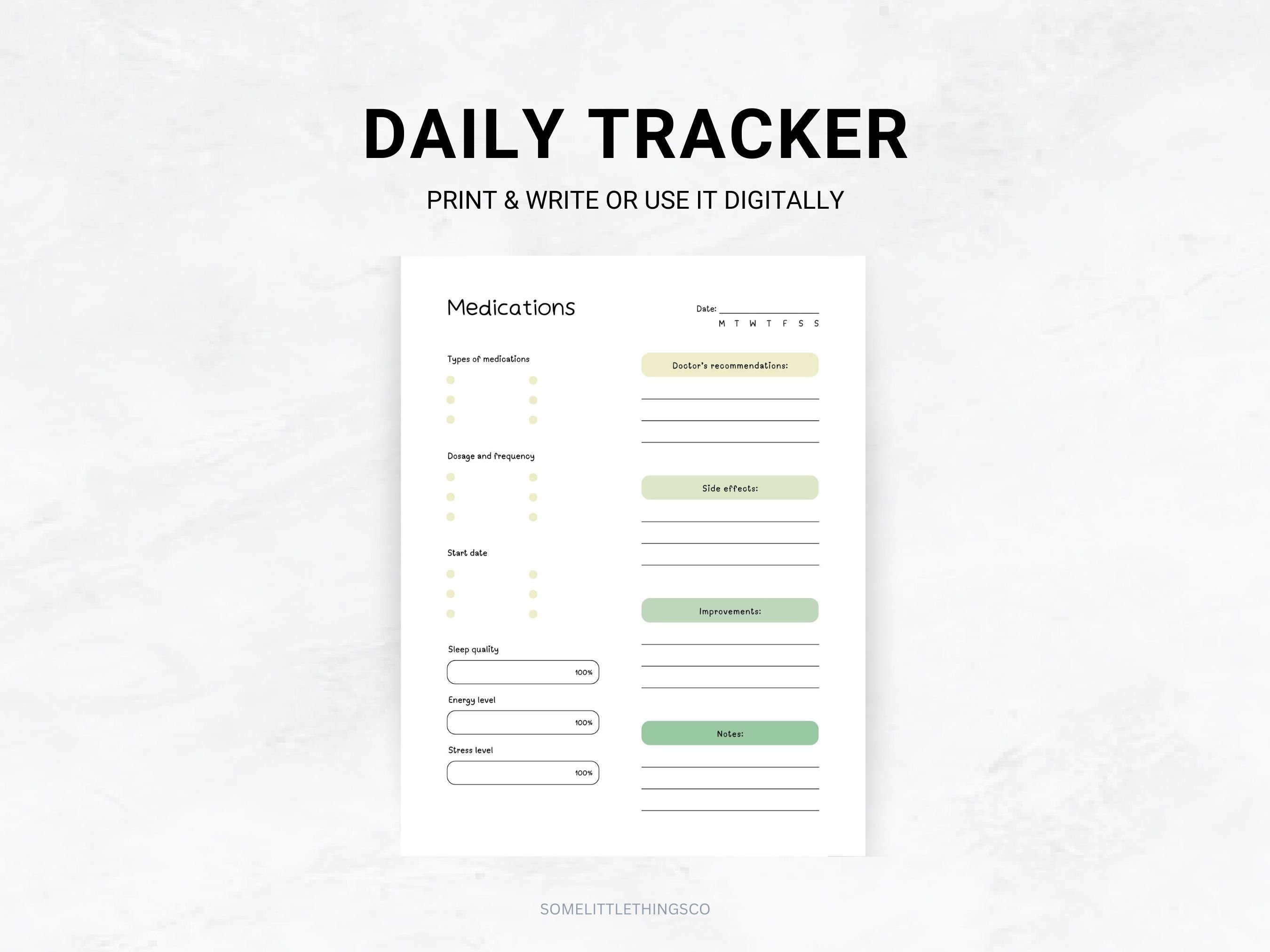 Medications Tracker Template, Printable & Fillable PDF, Symptoms ...