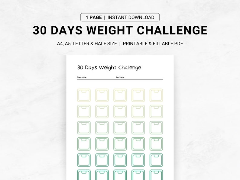 30 Days Weight Challenge Printable & Fillable PDF, Weight Loss ...