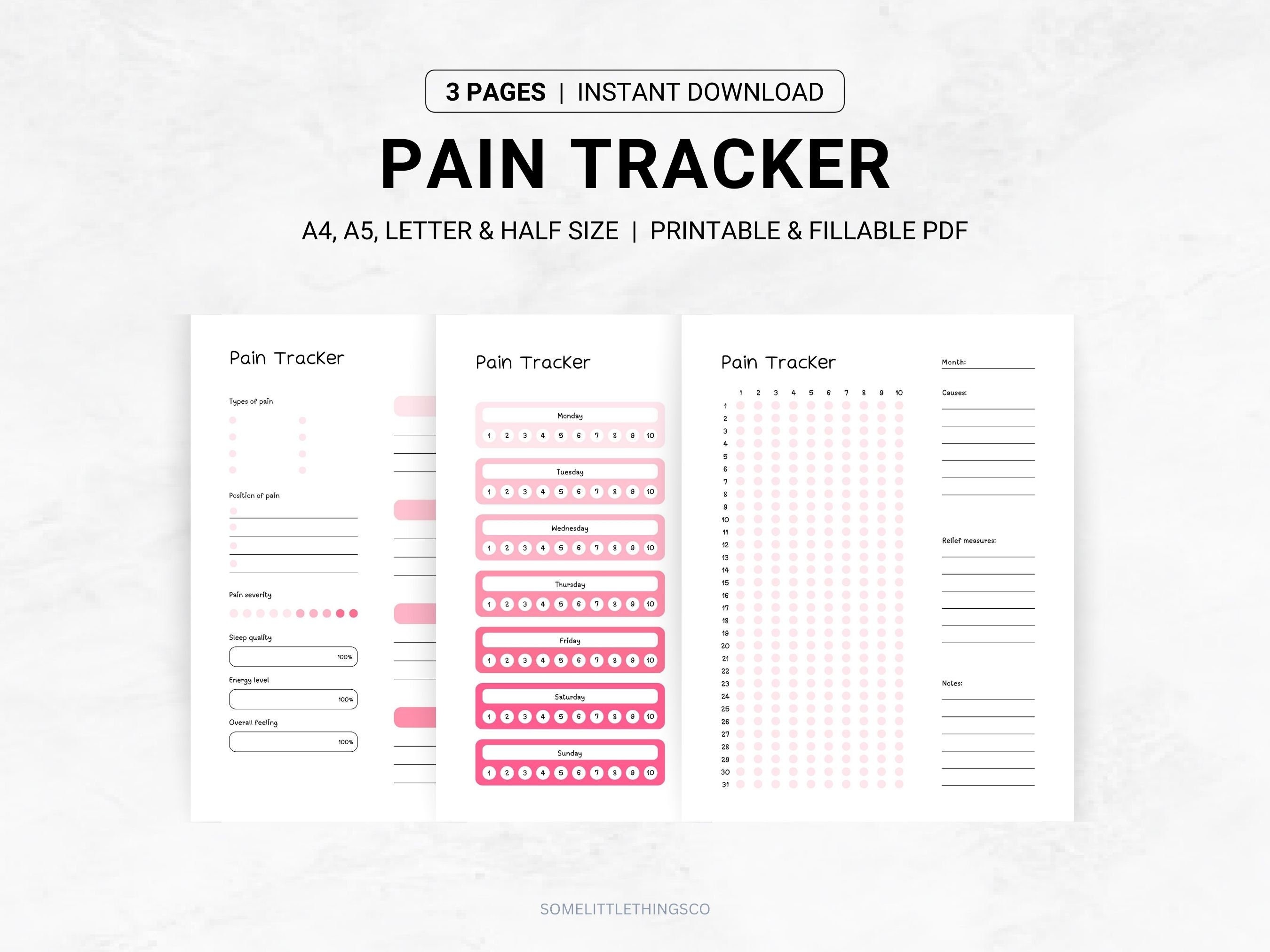 Pain Tracker Printable & Fillable PDF, Medical Tracker, Self Care ...