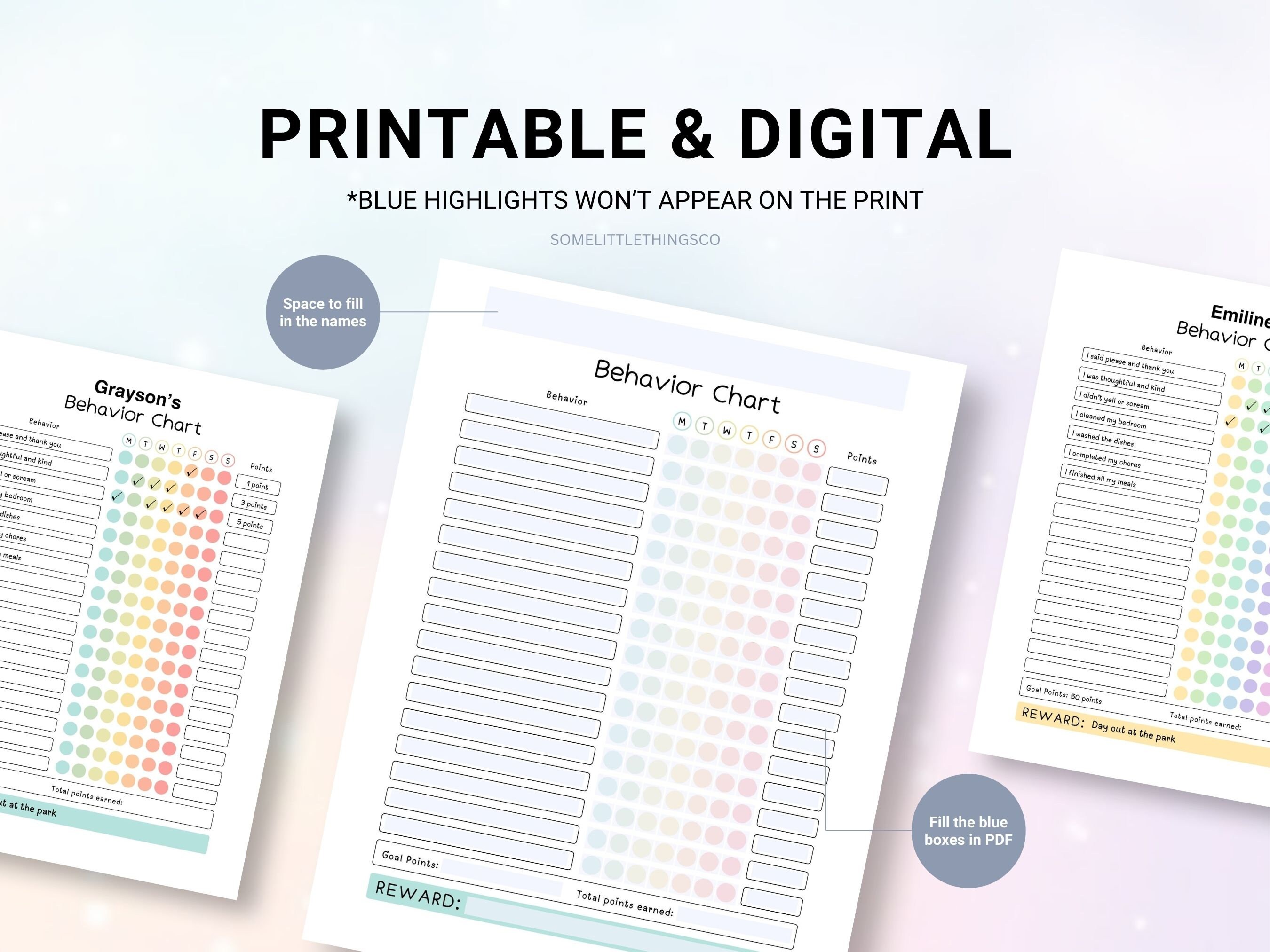 Behavior Chart for Kids, Printable & Fillable PDF, Good Bad Behavior ...