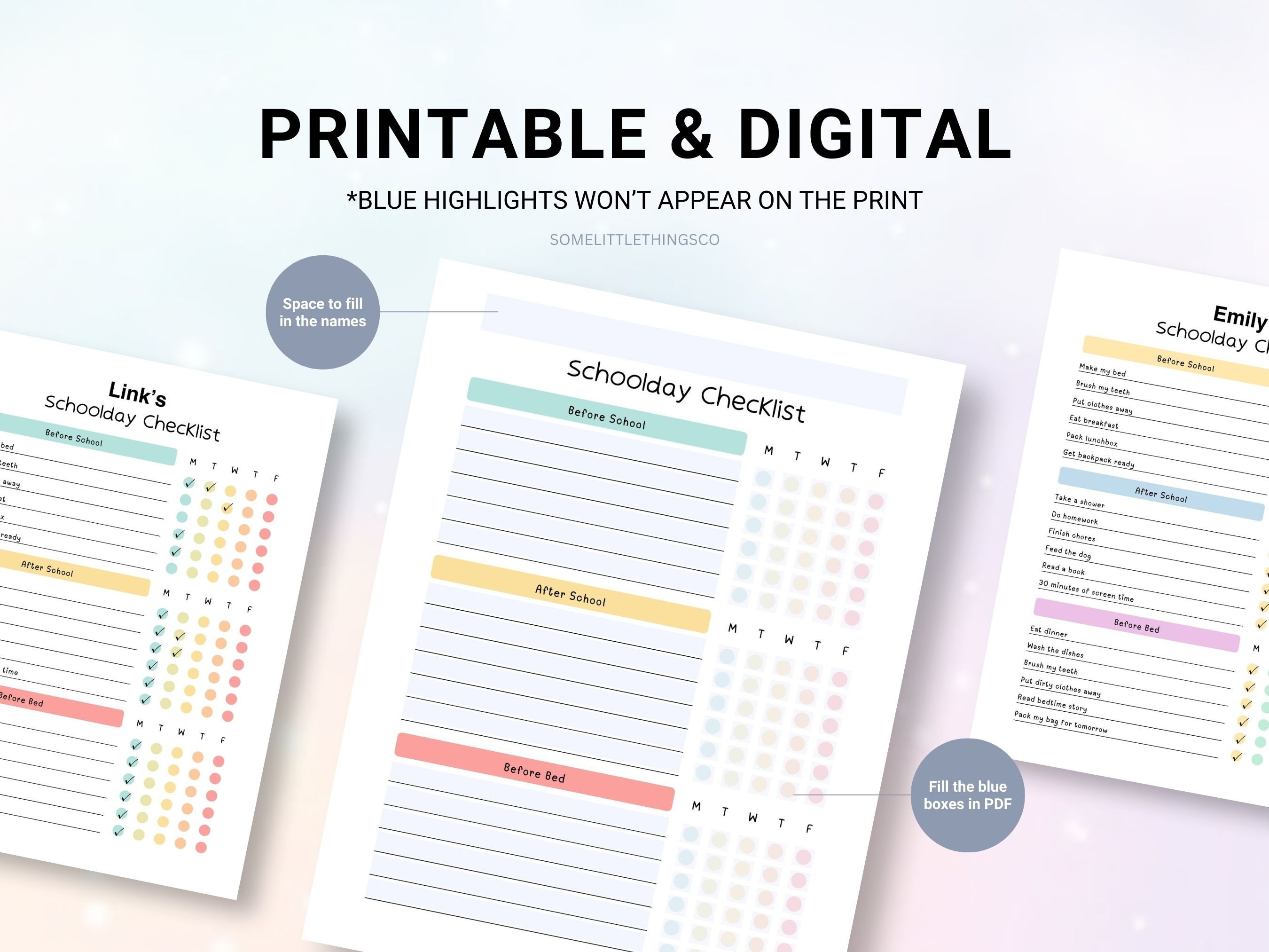 School Day Checklist for Kids, Printable & Fillable PDF, Kids Chore ...