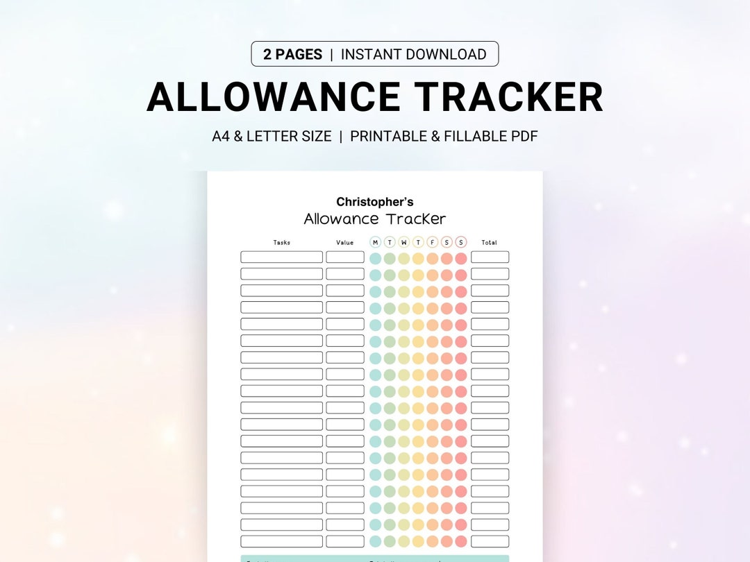 Weekly Allowance Tracker for Kids, Printable & Fillable PDF, Earn Money ...