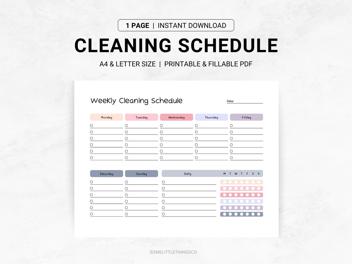 Cleaning Checklist Printable & Fillable PDF Template, Weekly Cleaning ...