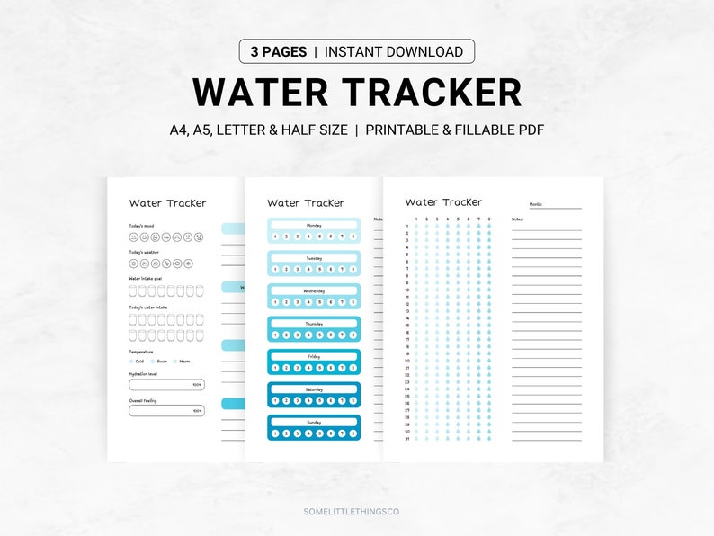 Water Tracker Printable & Fillable PDF Template, Mood Tracker, Fitness ...
