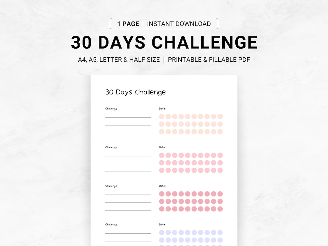 30 Day Challenge Printable, Productivity Planner, Goal Tracker, Workout ...