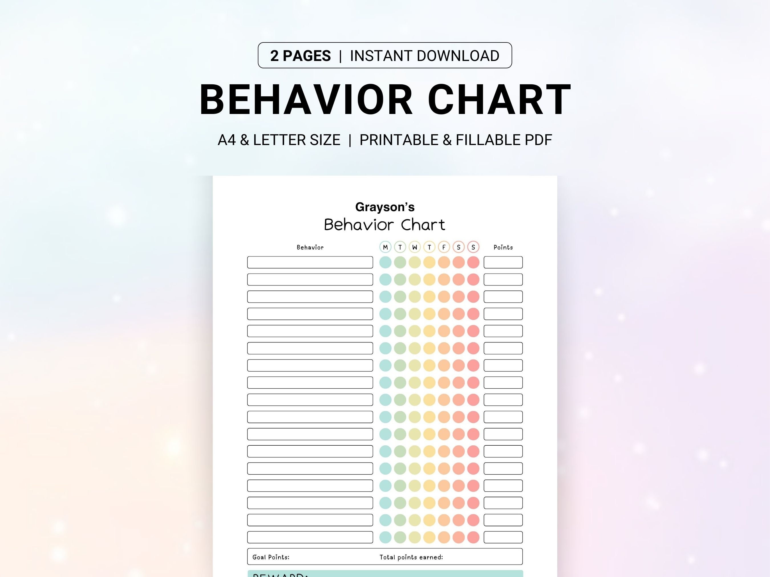 Behavior Chart for Kids, Printable & Fillable PDF, Good Bad Behavior ...