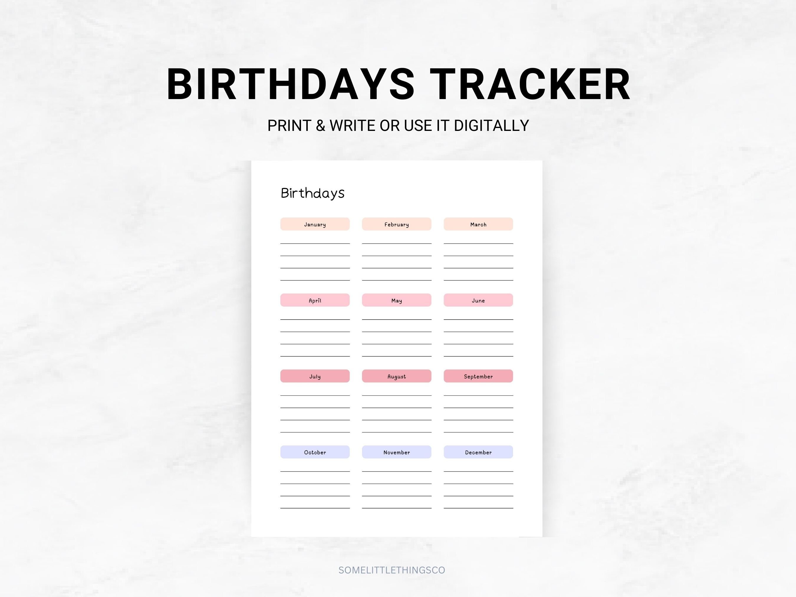 Birthday Tracker Template, Printable & Fillable PDF, Birthday Calendar ...