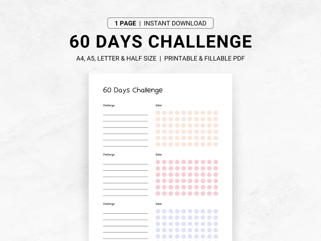 60 Days Challenge Printable & Fillable PDF, Goal Setting, Progress ...