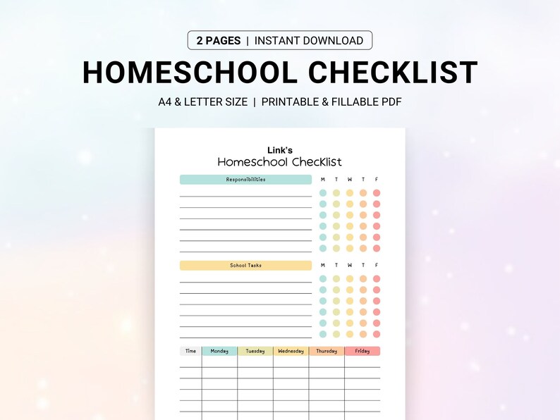 Homeschool Checklist for Kids, Printable & Fillable PDF, Homeschool ...