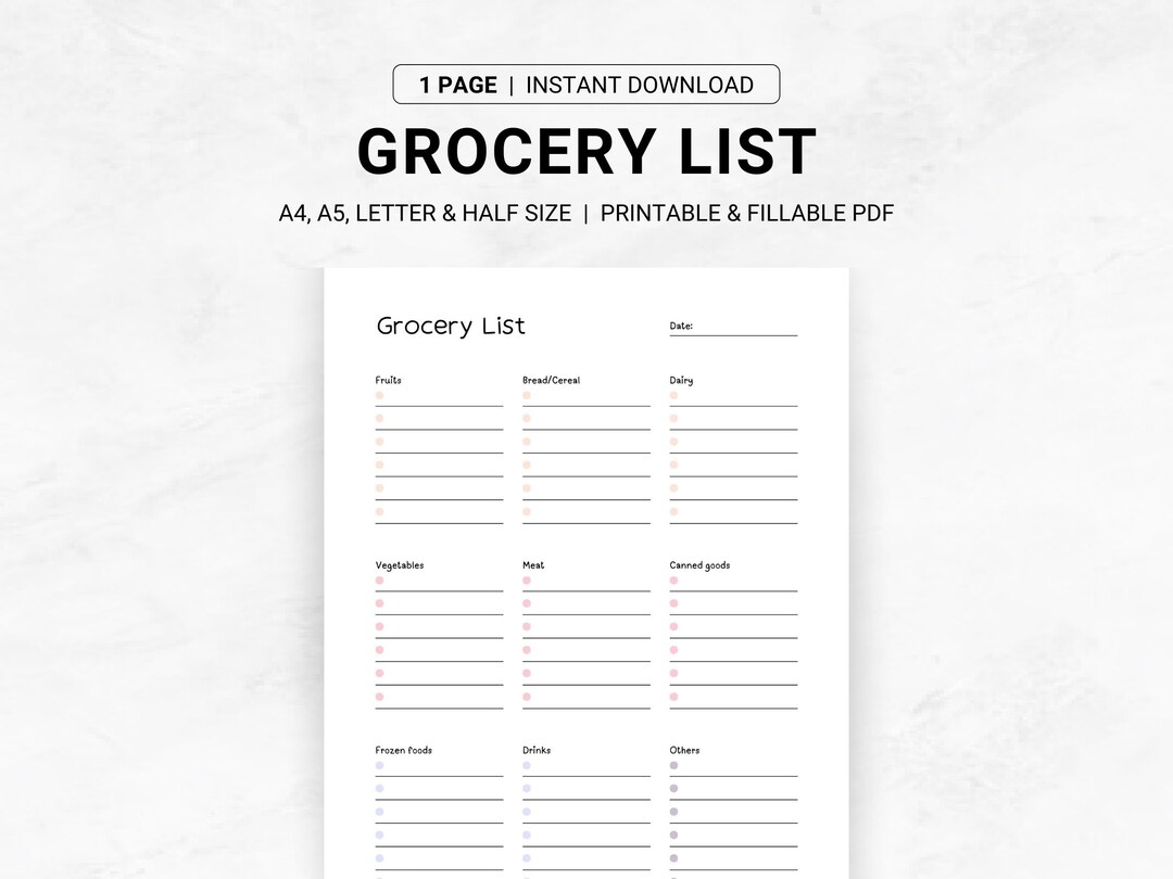 Grocery List Template, Printable & Fillable PDF, Food List, Task ...