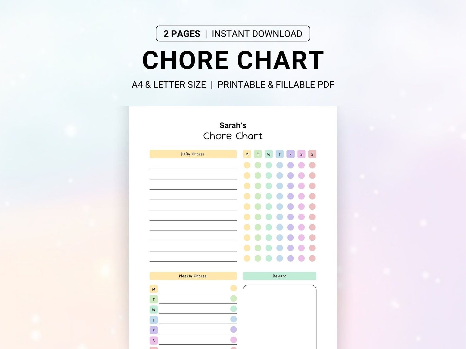 Chore Chart for Kids, Printable & Fillable PDF, Daily Weekly ...