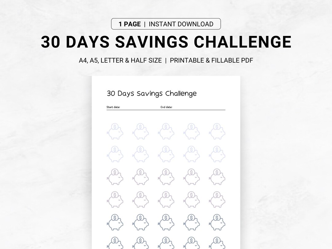 30 Days Savings Challenge Printable & Fillable PDF, Savings Tracker ...