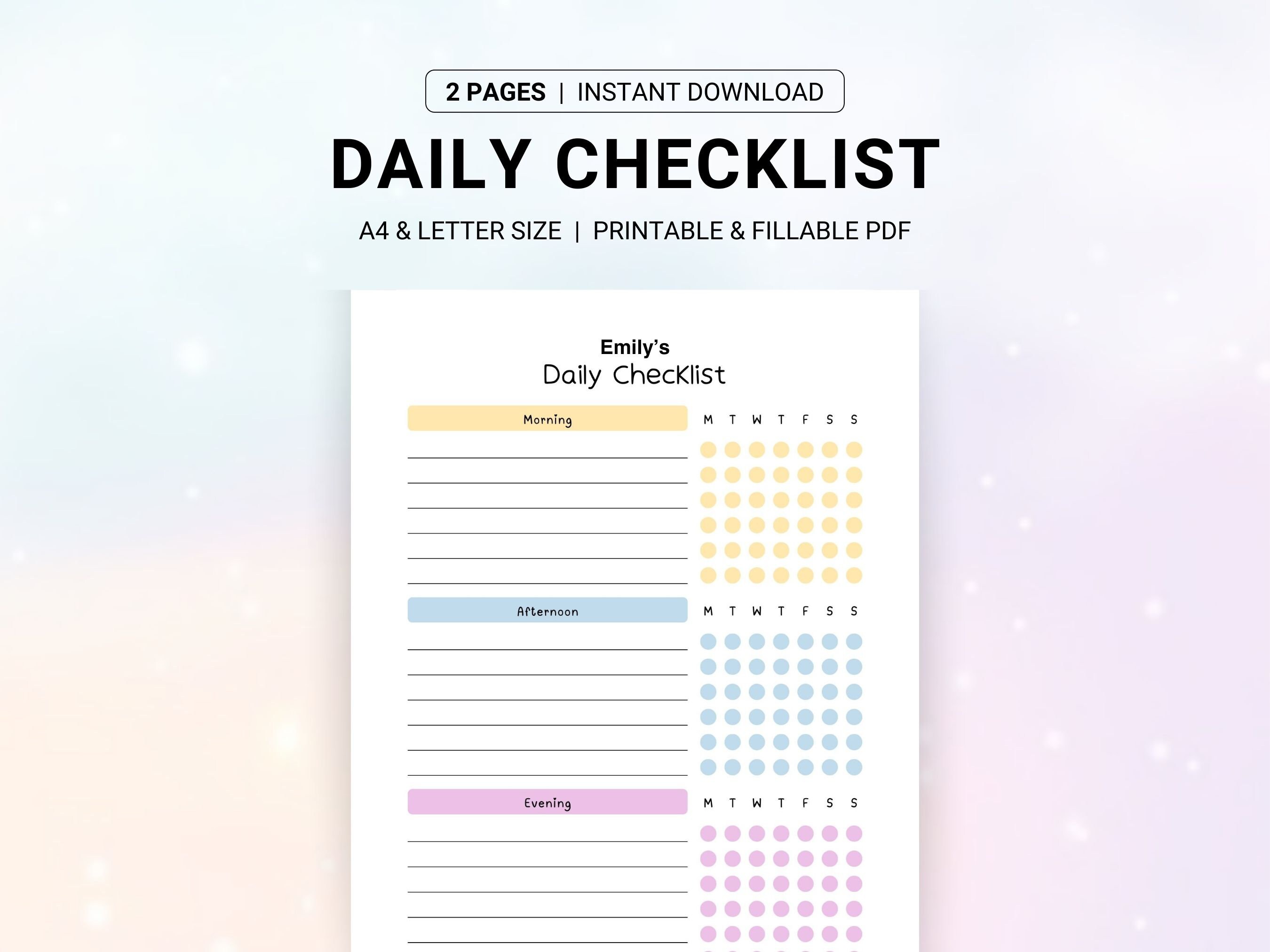 Daily Checklist for Kids, Printable & Fillable PDF, Kids Responsibility ...