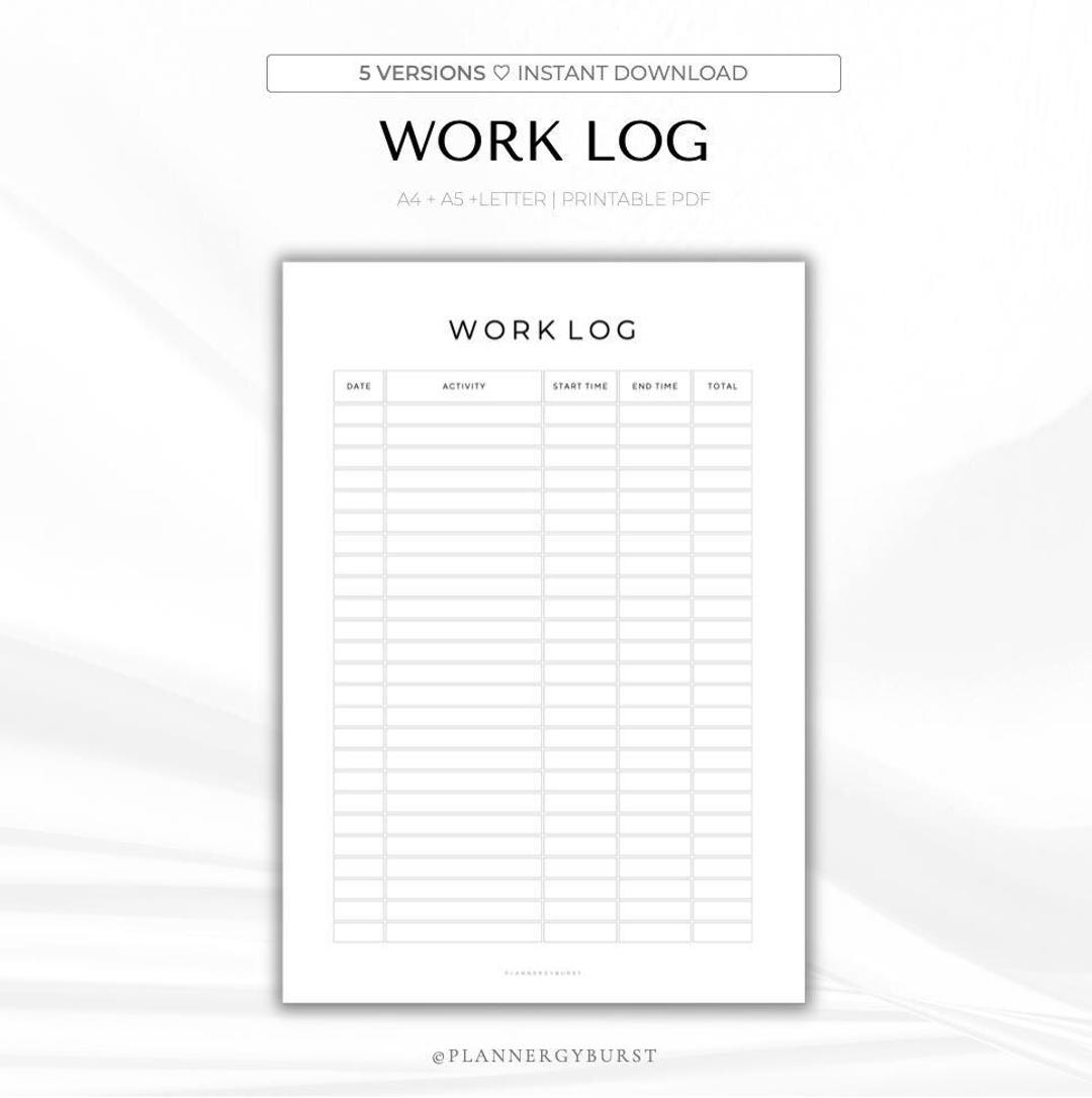 Work Log Printable Work Time Tracker Activity Hours Productivity ...