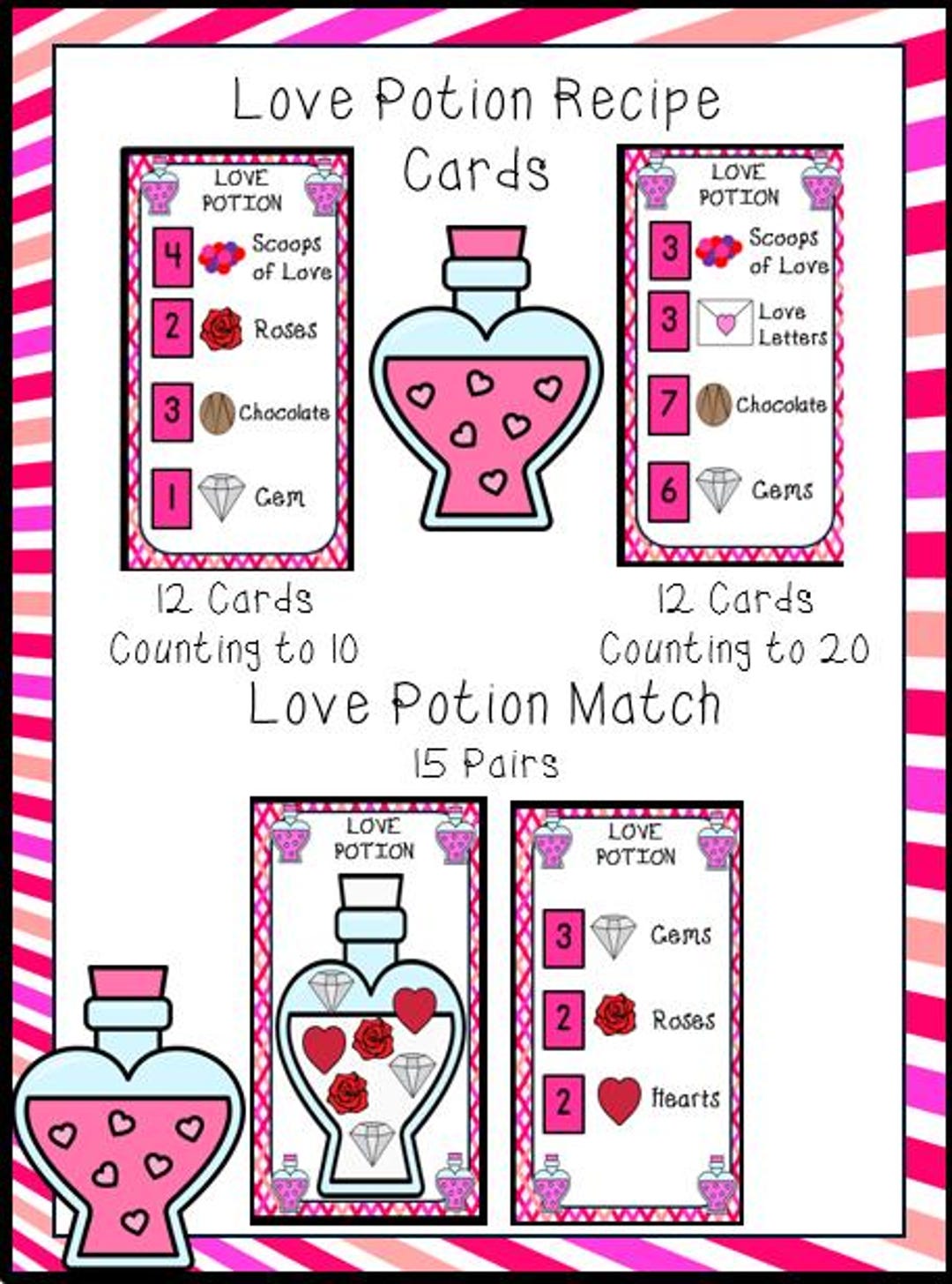Valentine Love Potion Sensory Bin Recipe Cards Plus Counting & Matching ...