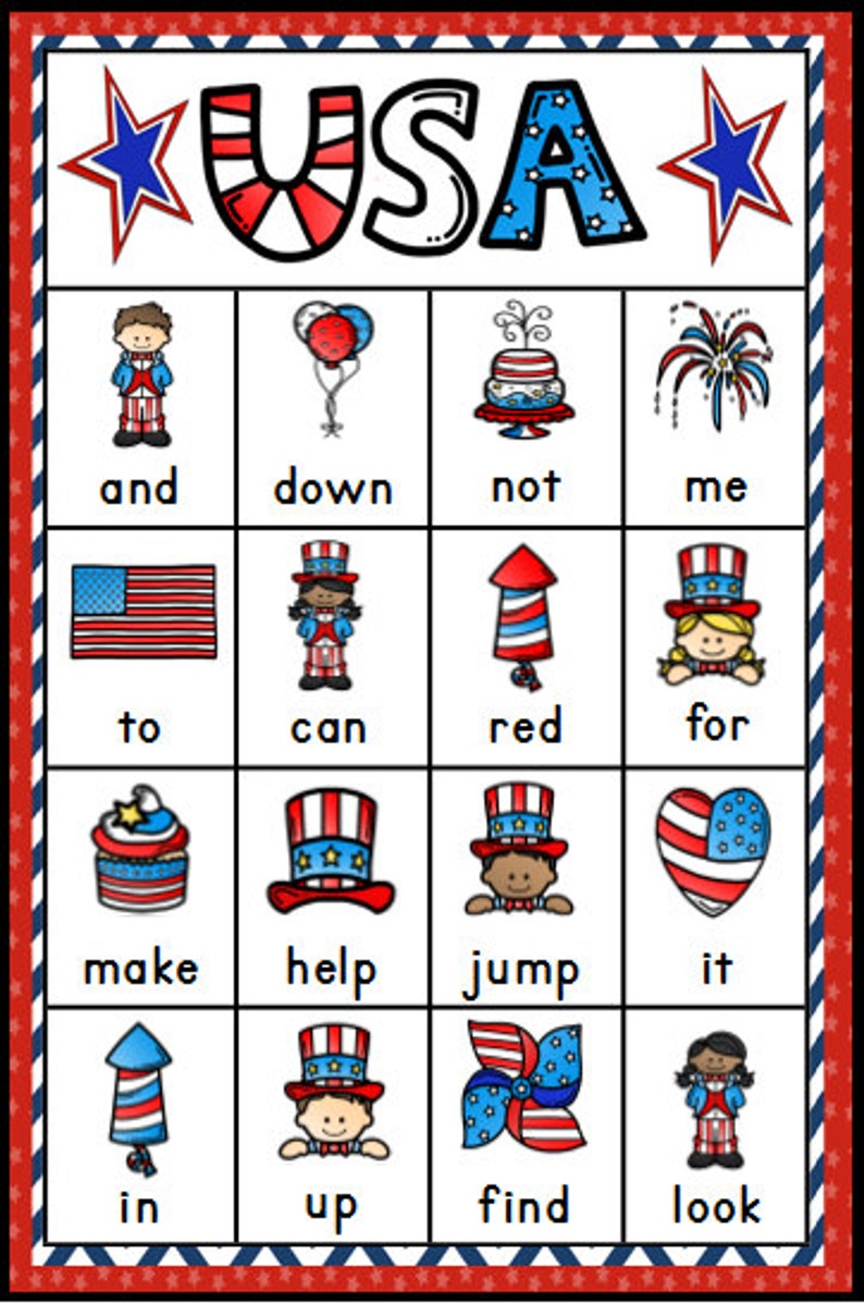 USA JULY 4TH Bingo Printable Class Set Dolch Pre-primer Bundle Set 1 ...