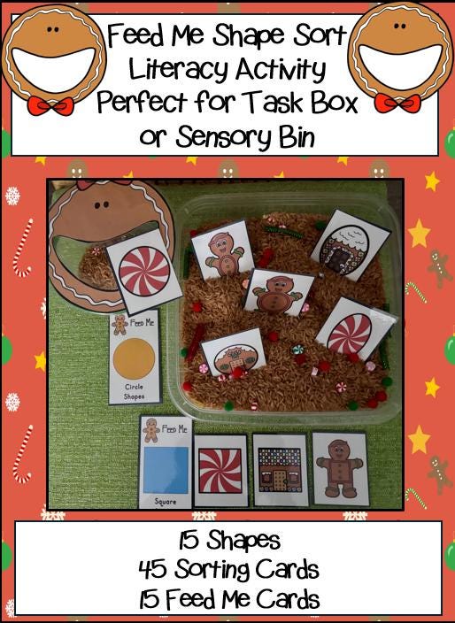 Feed Me Shapes Gingerbread Sensory Bin Activity Learning Center Task ...