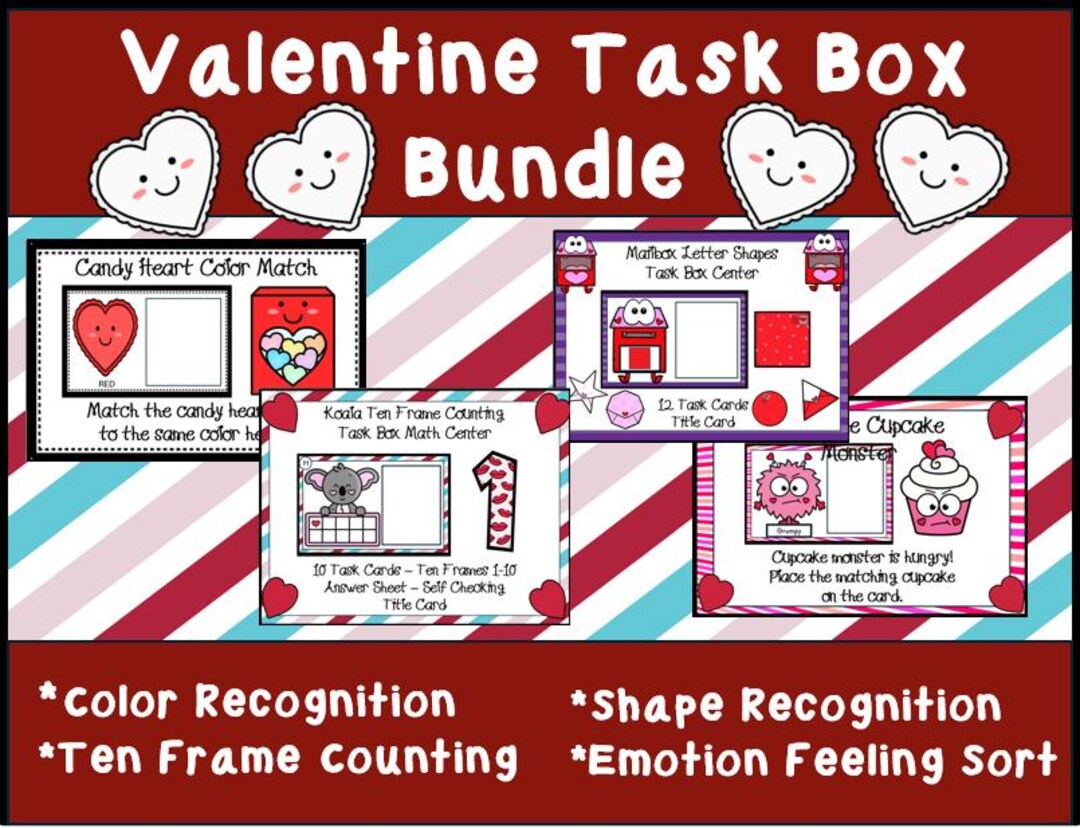 VALENTINE TASK BOX 4 Learning Actvities, Ten Frame, Emotions, Shapes ...