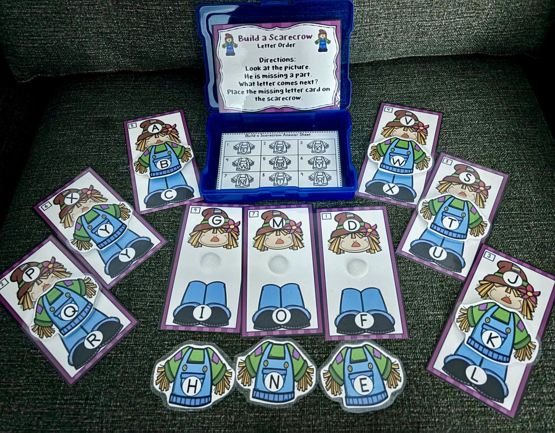 Build a Scarecrow Find Missing Letter Fall Task Box Literacy Activity ...