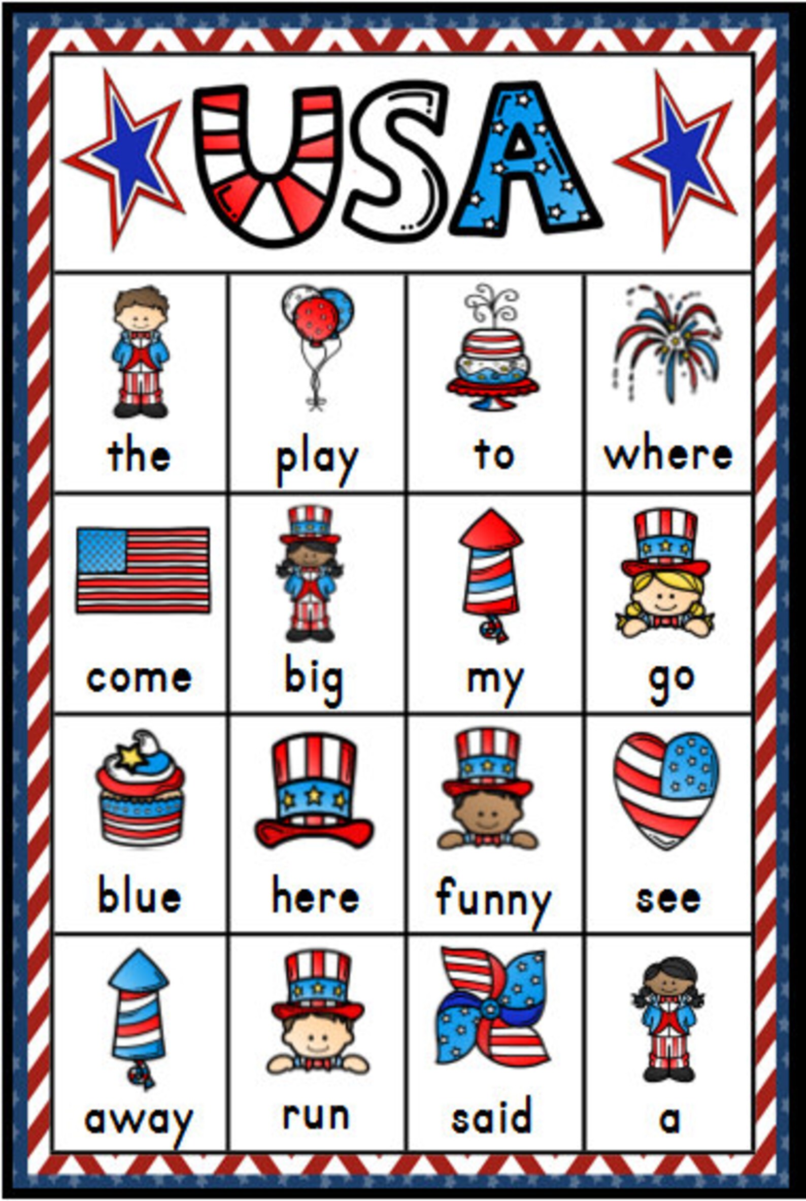 USA JULY 4TH Bingo Printable Class Set Dolch Pre-primer Bundle Set 1 ...