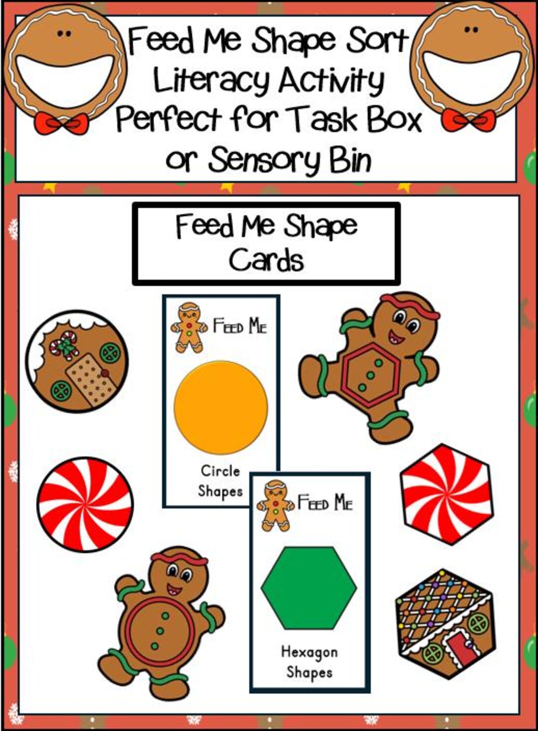 Feed Me Shapes Gingerbread Sensory Bin Activity Learning Center Task ...