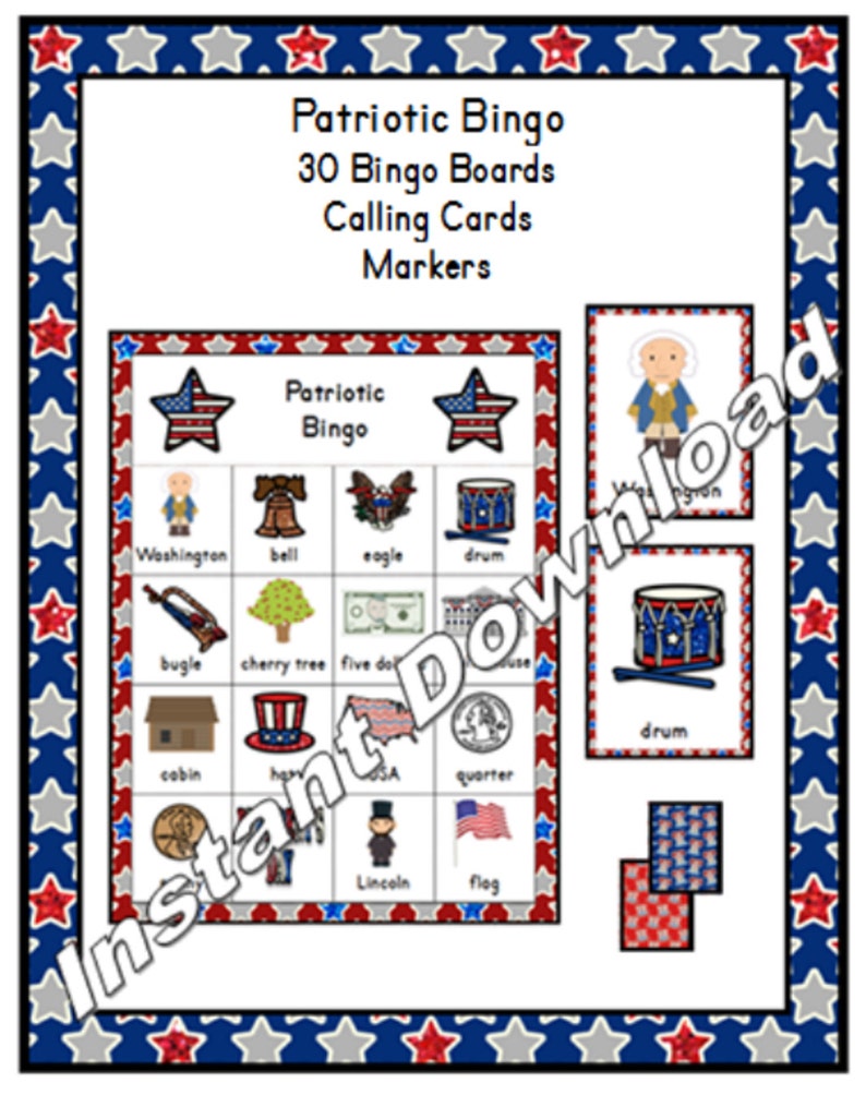 CLASSROOM PATRIOTIC BINGO Game Instant Downolad 30 Boards Kindergarten ...