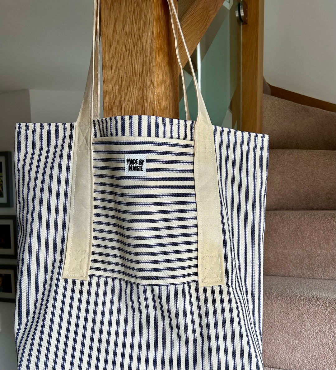 Classic Navy Stripe Tote Bag, Handmade, Lined With Cream Lining Fabric ...