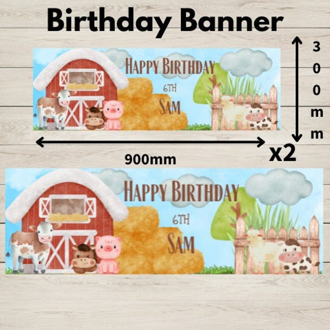 X2 Farm Animal Personalised Banner, Children's Birthday Celebration ...