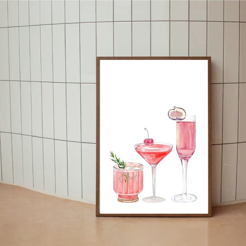 Pink Cocktails Wall Art, Watercolor Print, Kitchen and Bar Decor ...