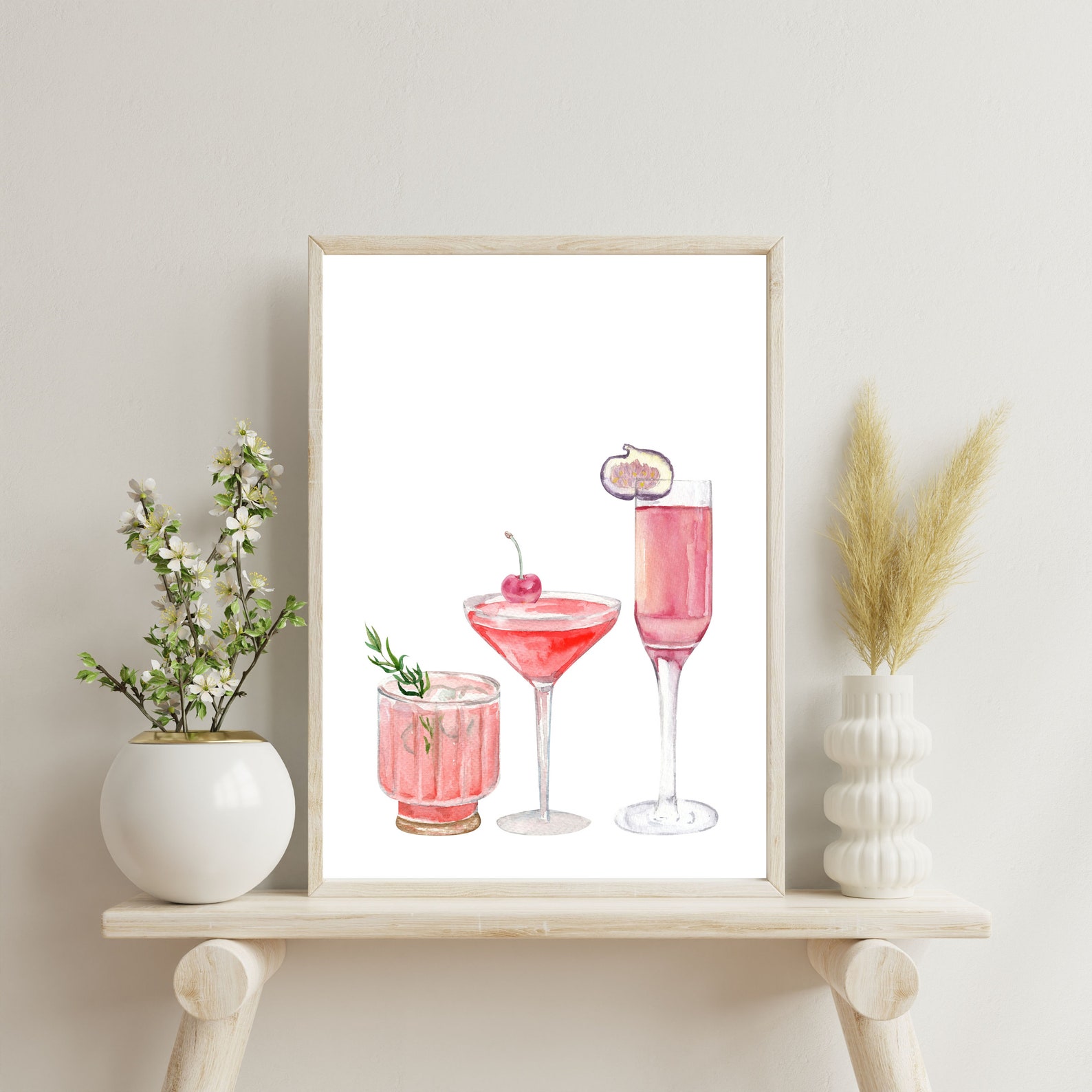 Pink Cocktails Wall Art, Watercolor Print, Kitchen and Bar Decor ...