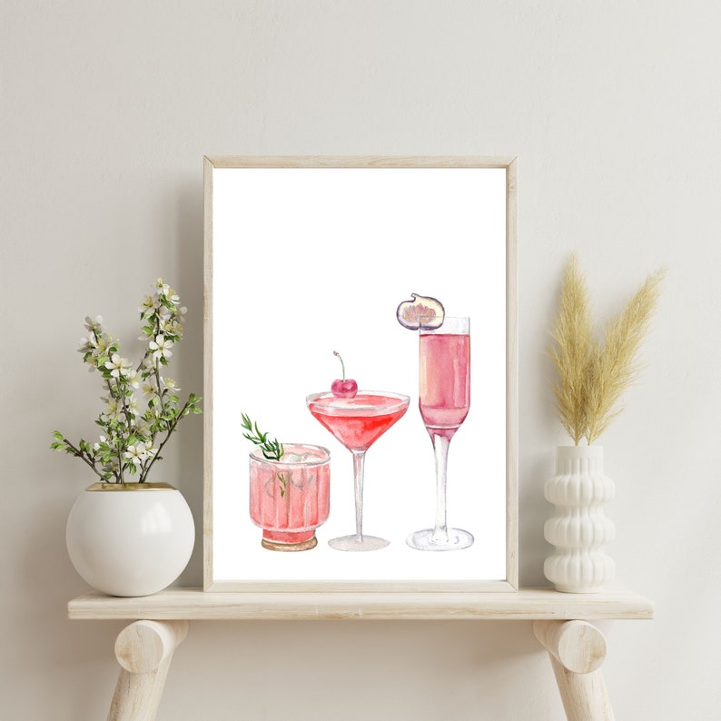 Pink Cocktails Wall Art, Watercolor Print, Kitchen and Bar Decor ...