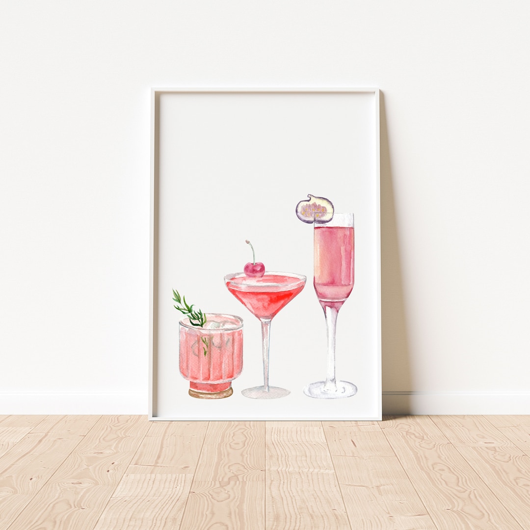 Pink Cocktails Wall Art, Watercolor Print, Kitchen and Bar Decor ...